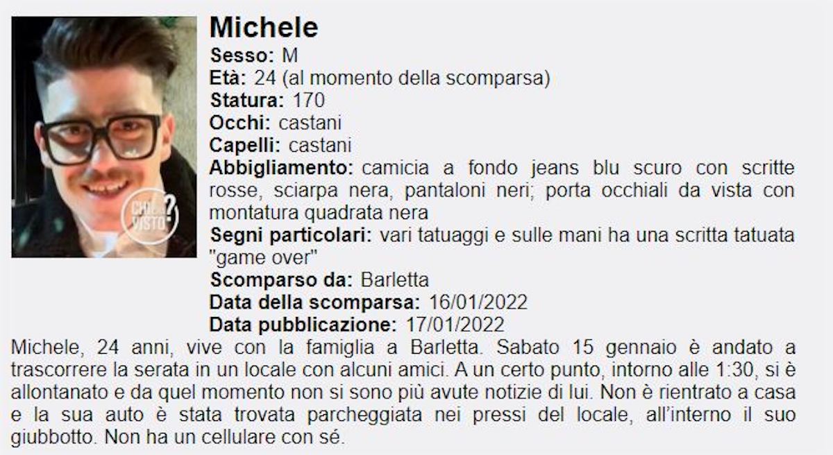 Michele Cilli, due arresti nel caso della scomparsa del 24enne di Barletta Michele Cilli, due arresti nel caso della scomparsa del 24enne di Barletta