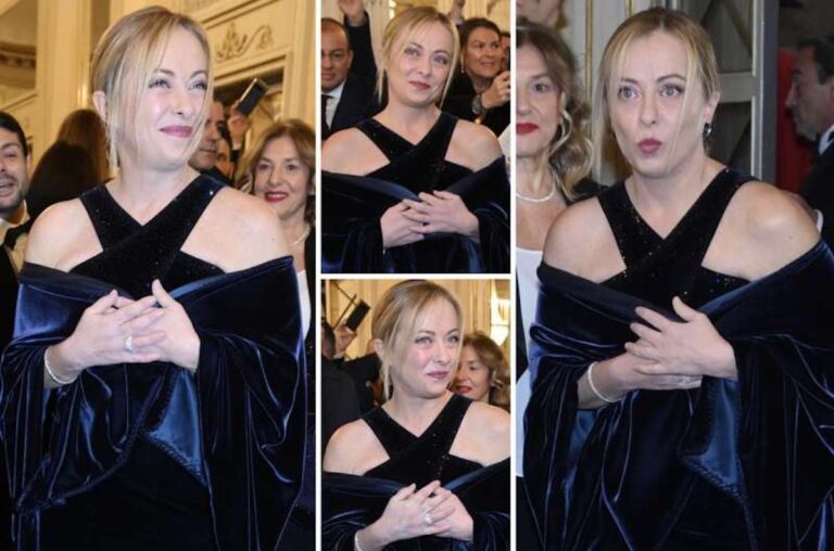 Giorgia Meloni a La Scala, vestito Armani per la prima